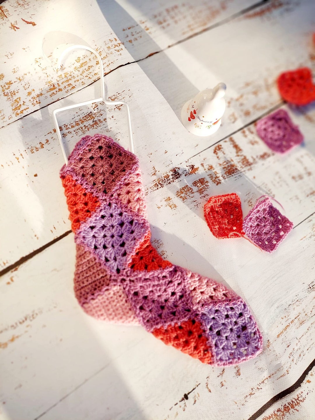 Christmas Granny Square Socks, Rustic Crochet Indoor Slippers, Bright ...