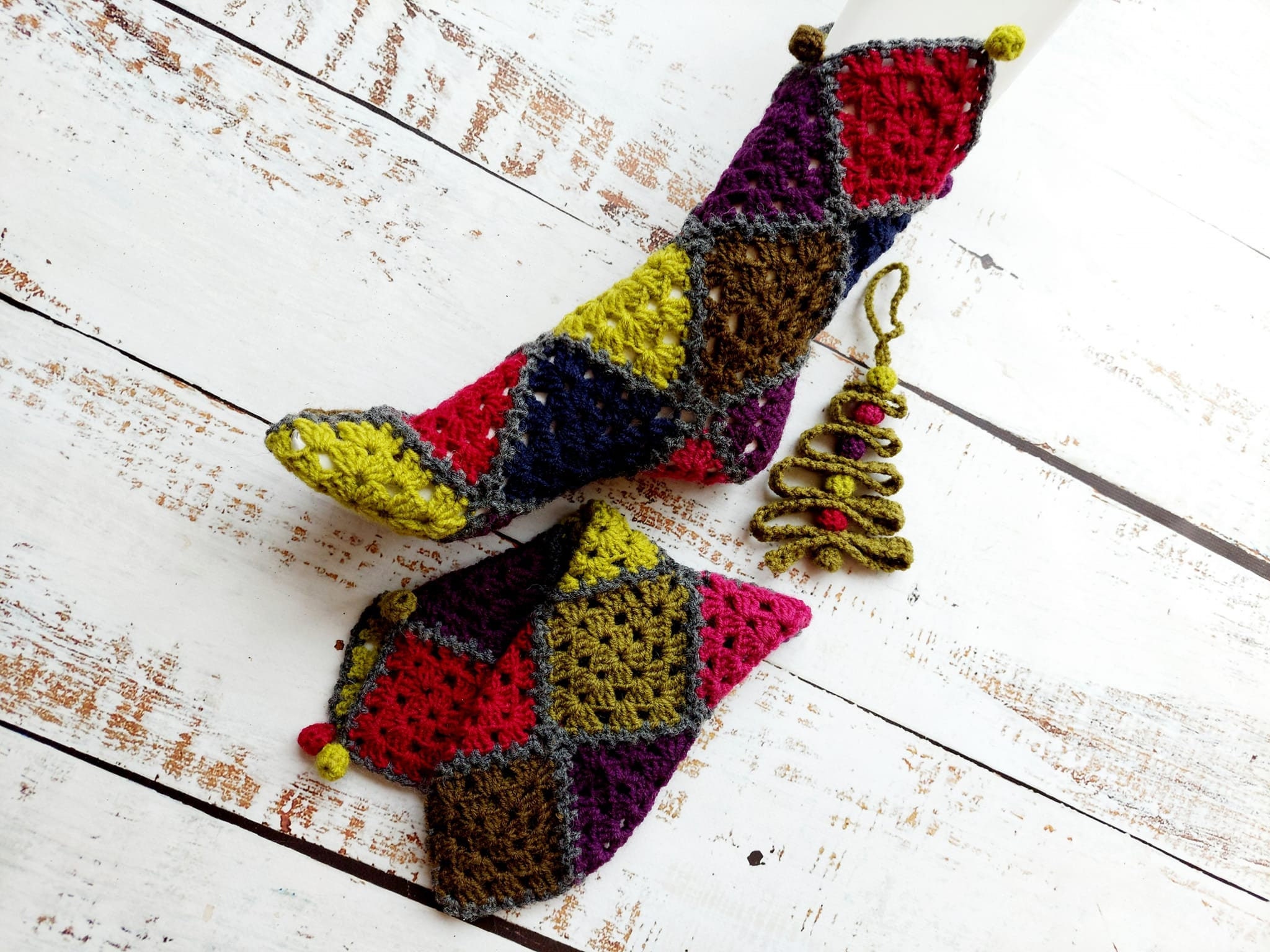 Christmas Granny Square Socks, Rustic Crochet Indoor Slippers, Bright ...
