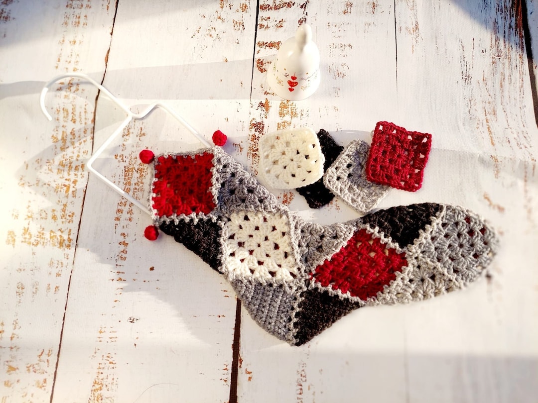 Christmas Granny Square Socks, Rustic Crochet Indoor Slippers, Bright ...