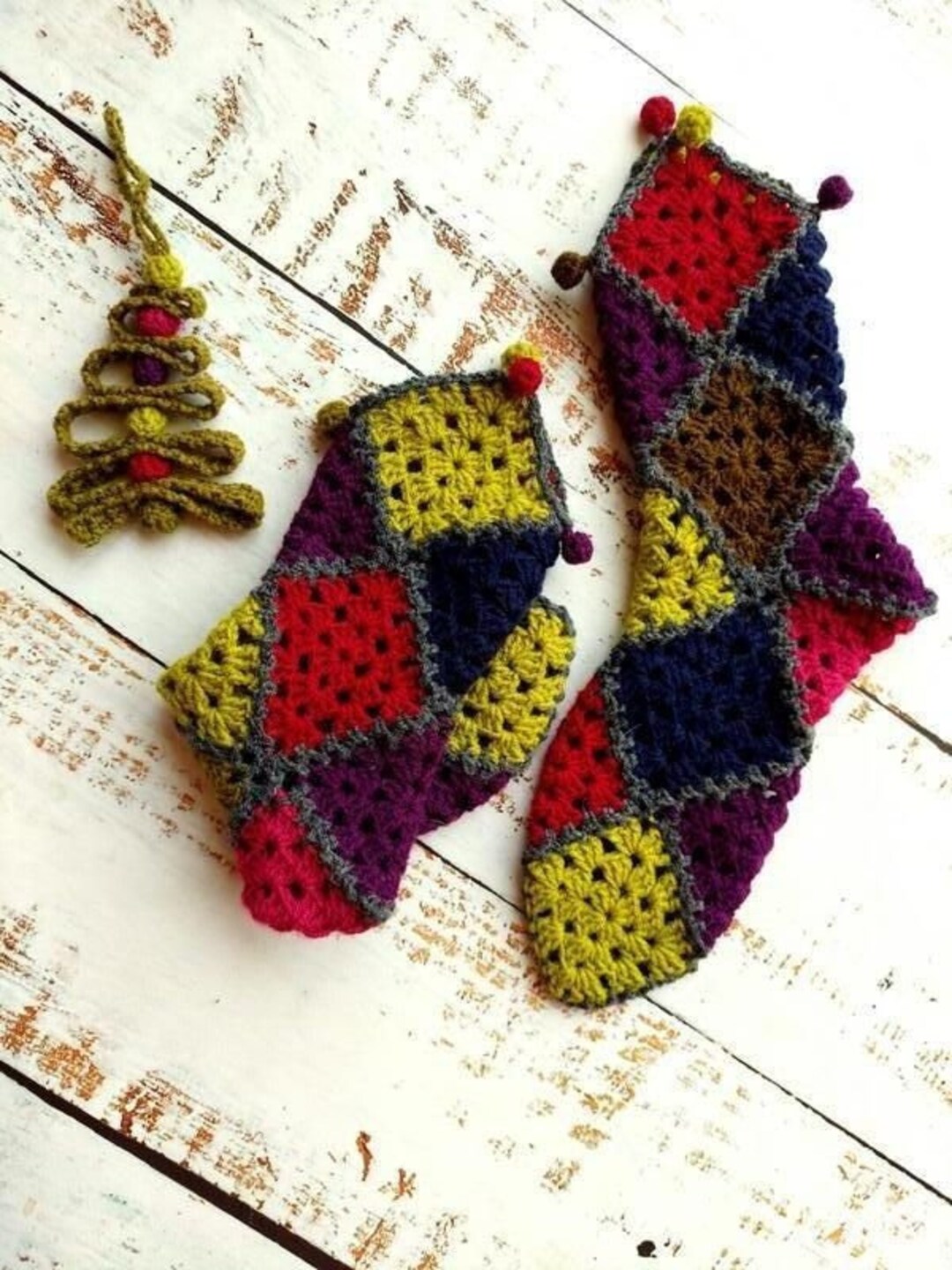 Christmas Granny Square Socks, Rustic Crochet Indoor Slippers, Bright ...