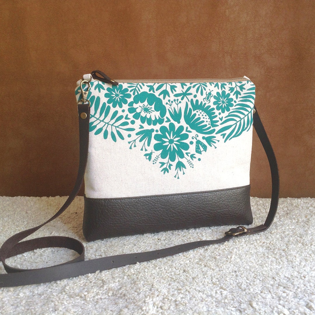 Spring Turquoise Flower Bag,canvas Cross Body Bag,folk Print,linen Bag ...