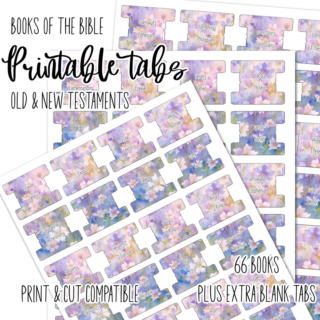 Printable Bible Tabs: Purple and White Floral Design, 66 Books, Print ...