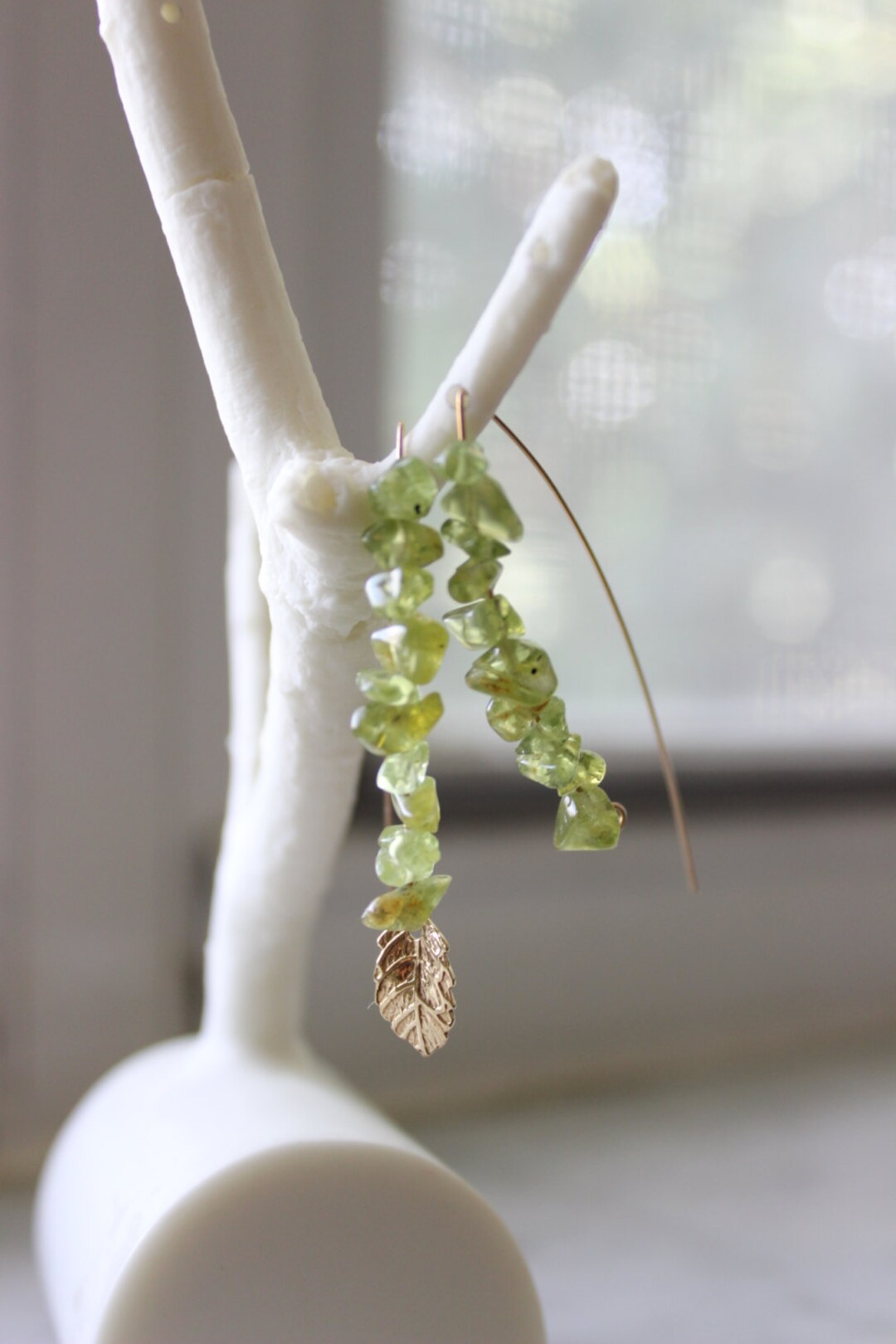 Asymmetric Peridot Chip Hooks With Gold Leaf Charm Handmade - Etsy