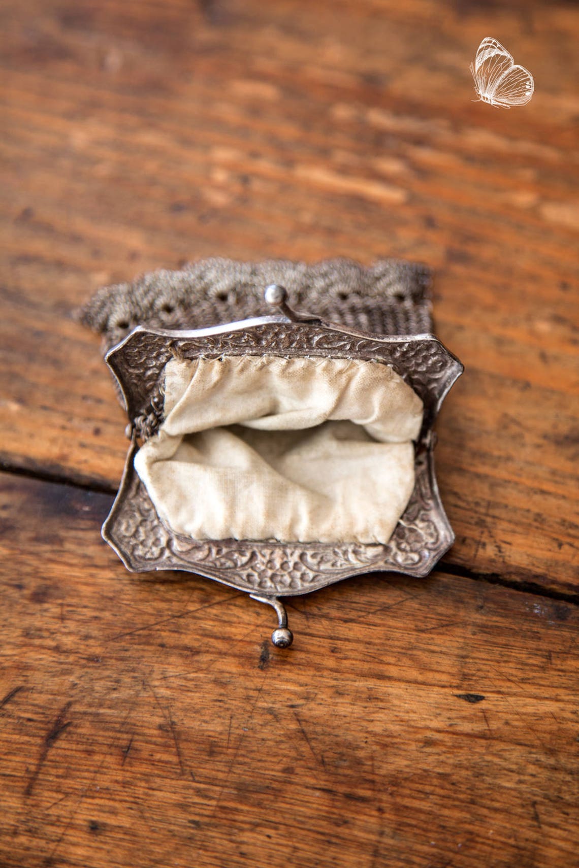 Antique Silvered Crocheted Mesh Wallet - Extra Small - Brooch / Jewelry ...
