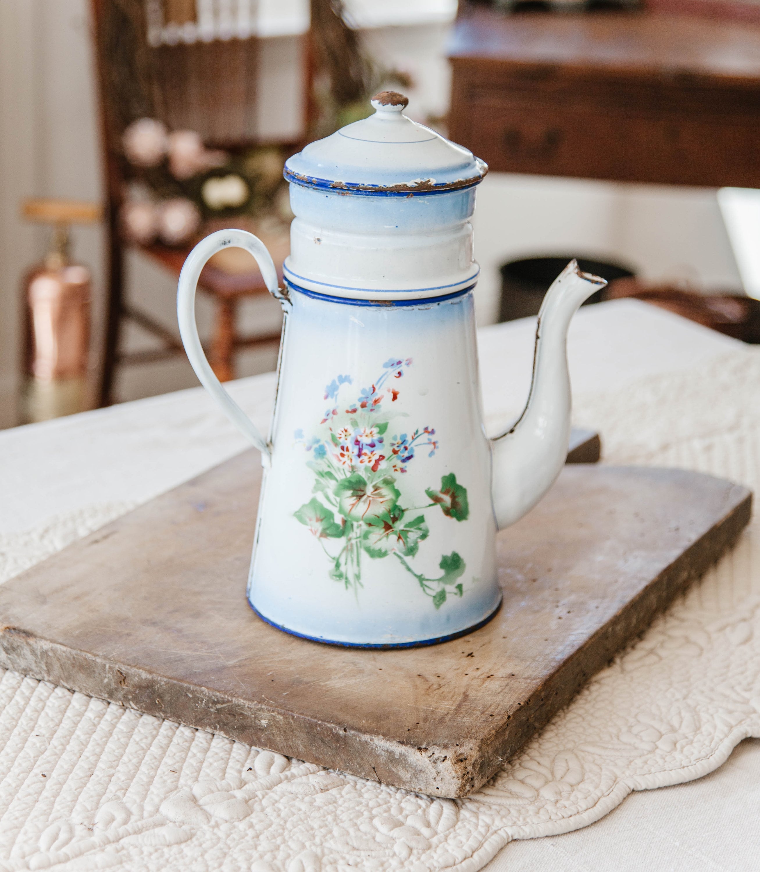 1930s French Enamel Double Coffee Pot - Japy - Pansies Flowers - French ...