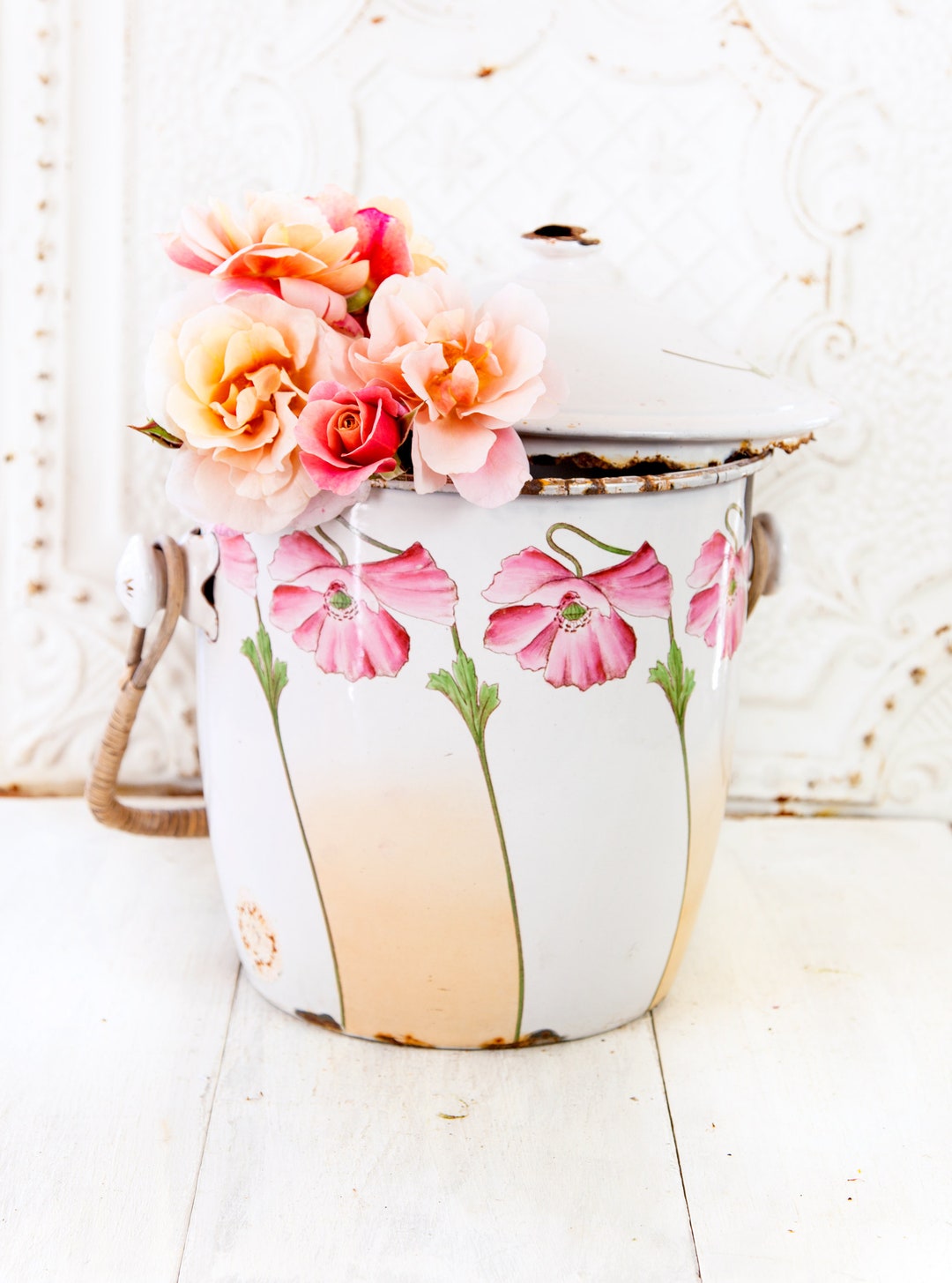 Vintage French Enamel Bucket – Pink Poppies, Shabby Chic Decor - Etsy