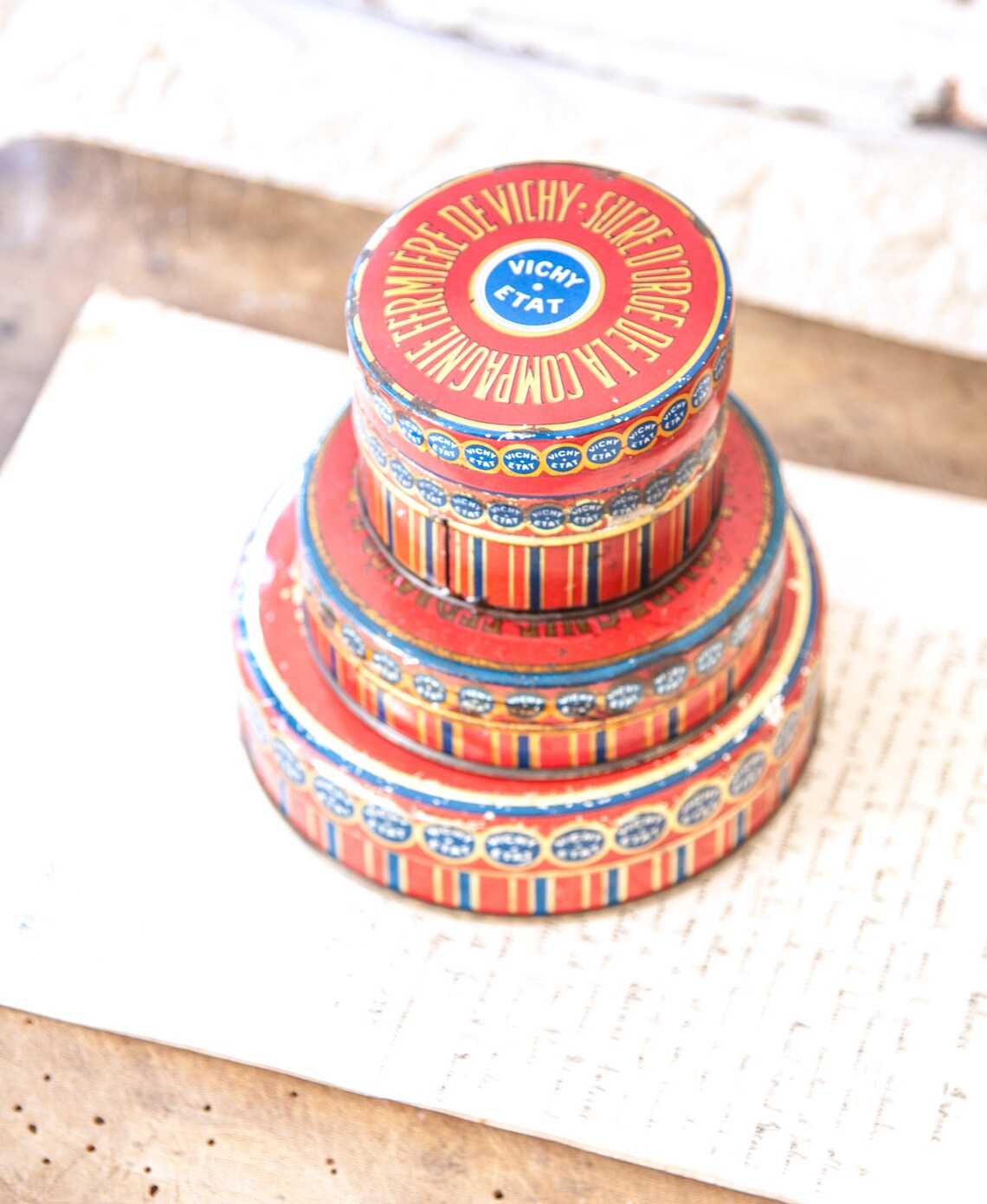 4 Vintage French Candy Tins – Vichy Red Stacking Canisters ...