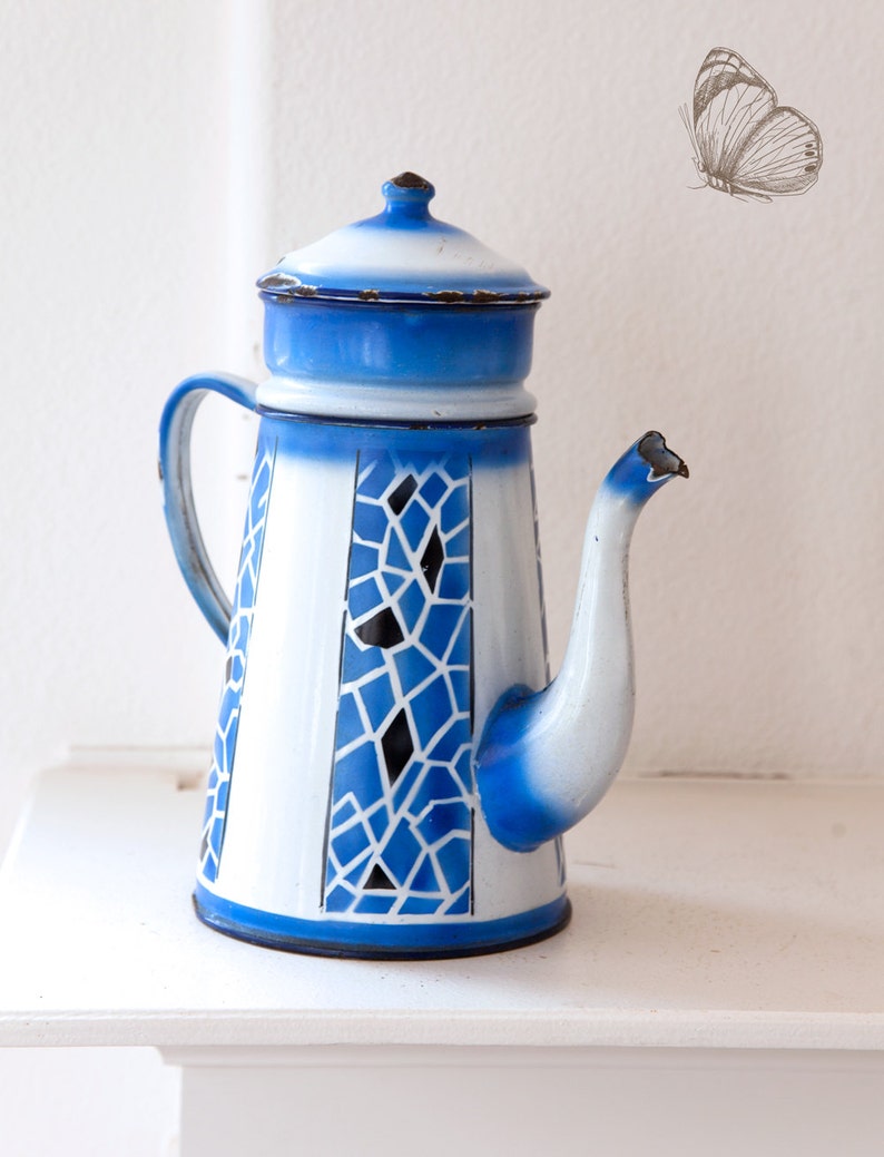 1930s French Enamel Coffee Pot White and Blue Art Deco Style - Etsy