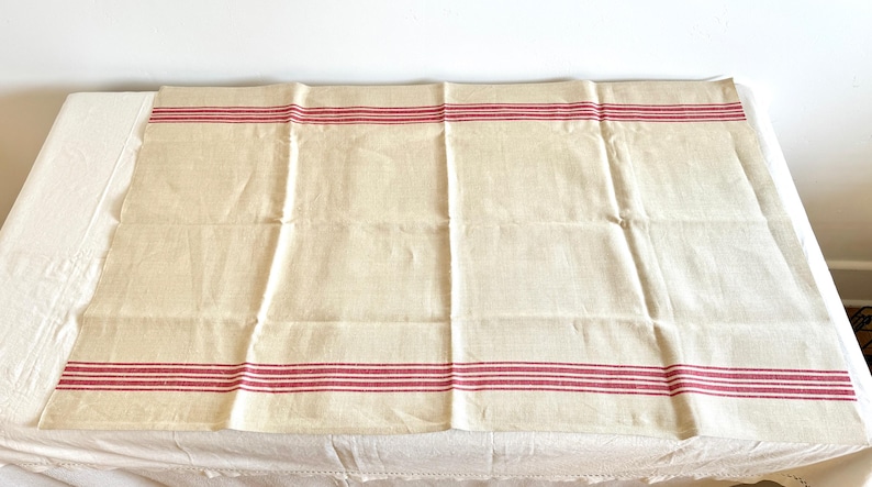 Paño de cocina vintage de lino francés, rayas rojas, tela de saco de ...