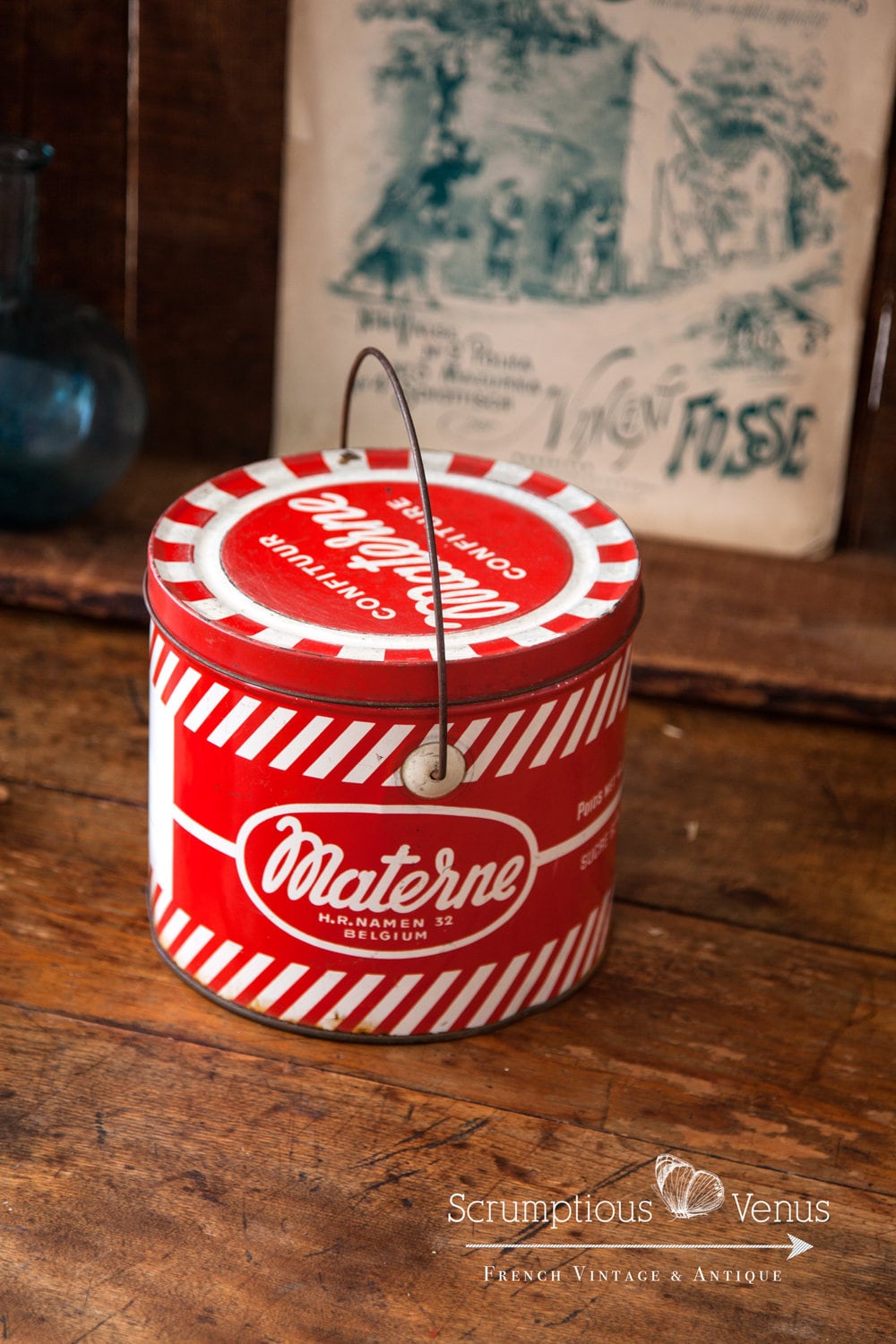 1950s Large Jam Tin - Materne - Made in Belgium - Cheerful Xmas Red ...