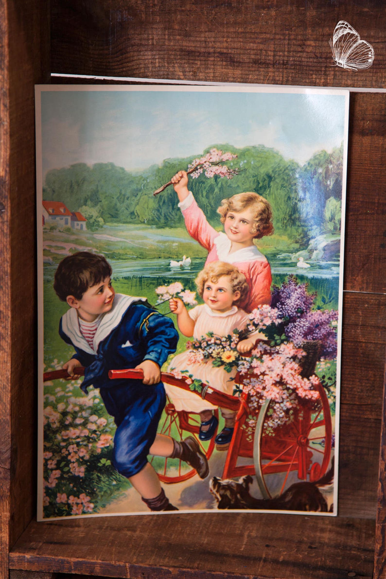 1920s Spring Children Lithograph Print – Flowers and Wagon (16" X 12 ...