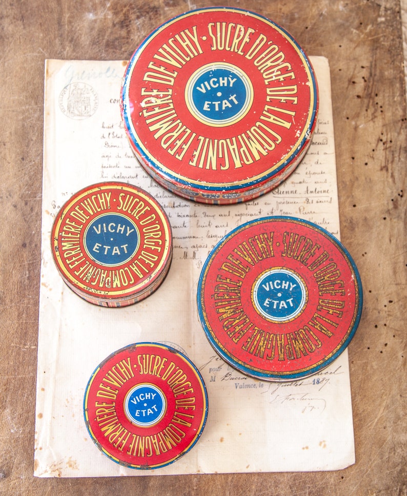 4 Vintage French Candy Tins – Vichy Red Stacking Canisters ...