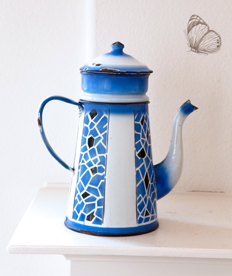 1930s French Enamel Coffee Pot White and Blue Art Deco Style - Etsy
