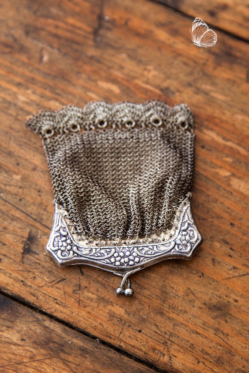Antique Silvered Crocheted Mesh Wallet - Extra Small - Brooch / Jewelry ...