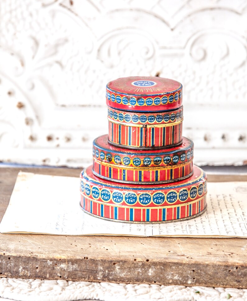 4 Vintage French Candy Tins – Vichy Red Stacking Canisters ...
