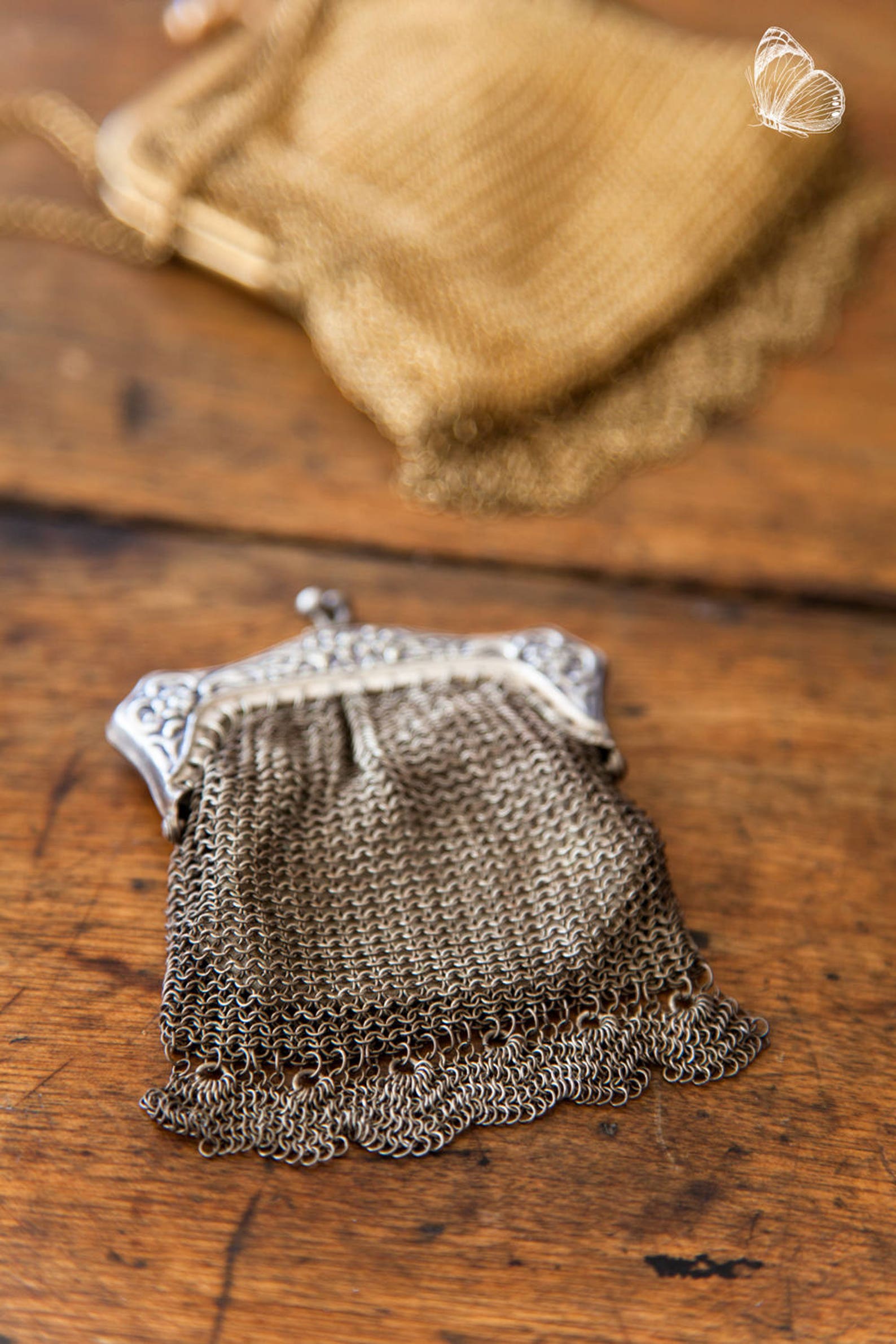 Antique Silvered Crocheted Mesh Wallet - Extra Small - Brooch / Jewelry ...