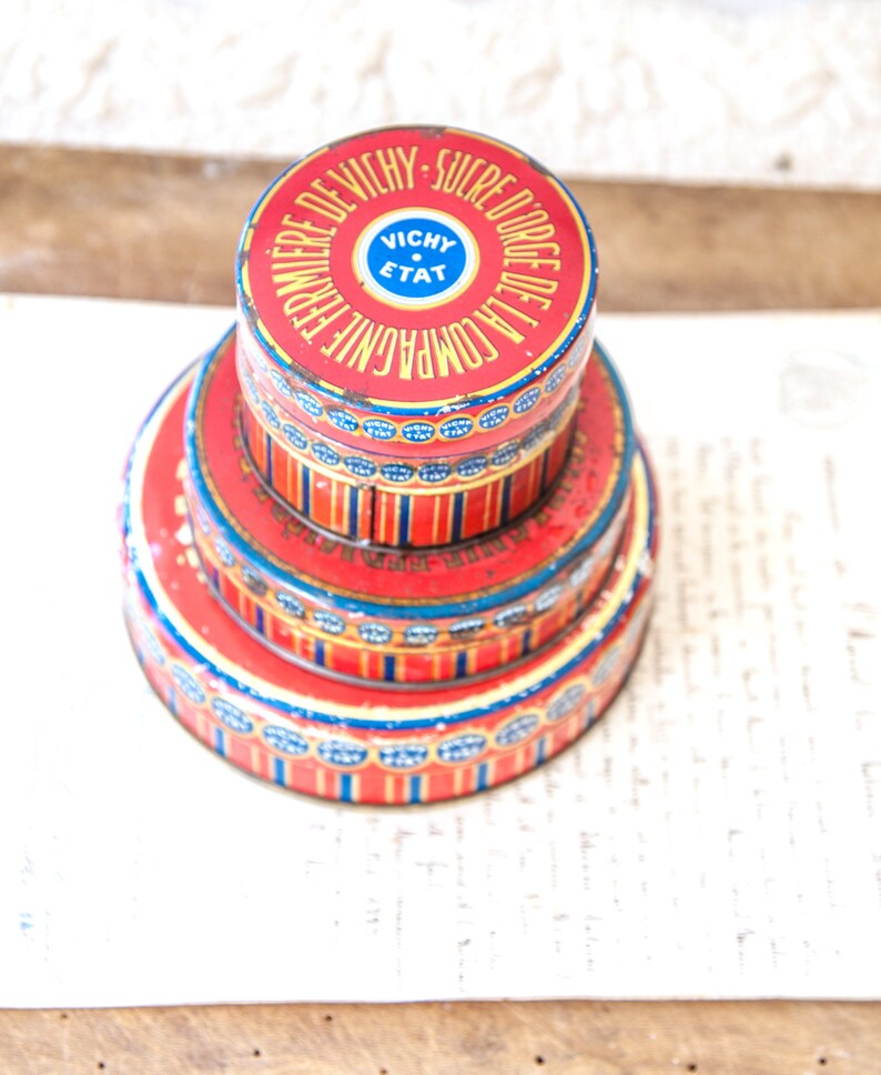 4 Vintage French Candy Tins – Vichy Red Stacking Canisters ...