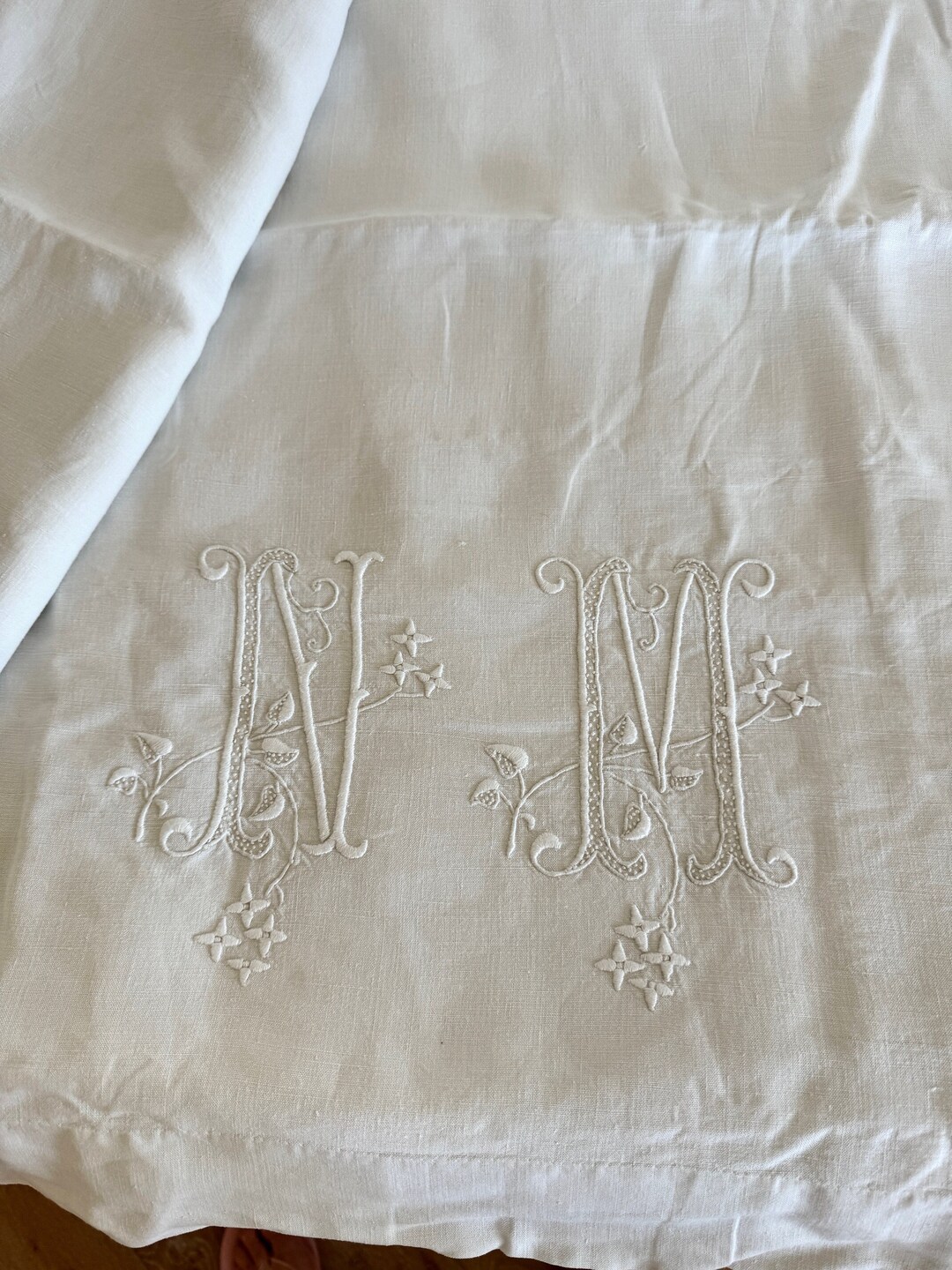 NM Monogram - 106 X 75 - Vintage Embroidered French Bed Linen - Flat ...
