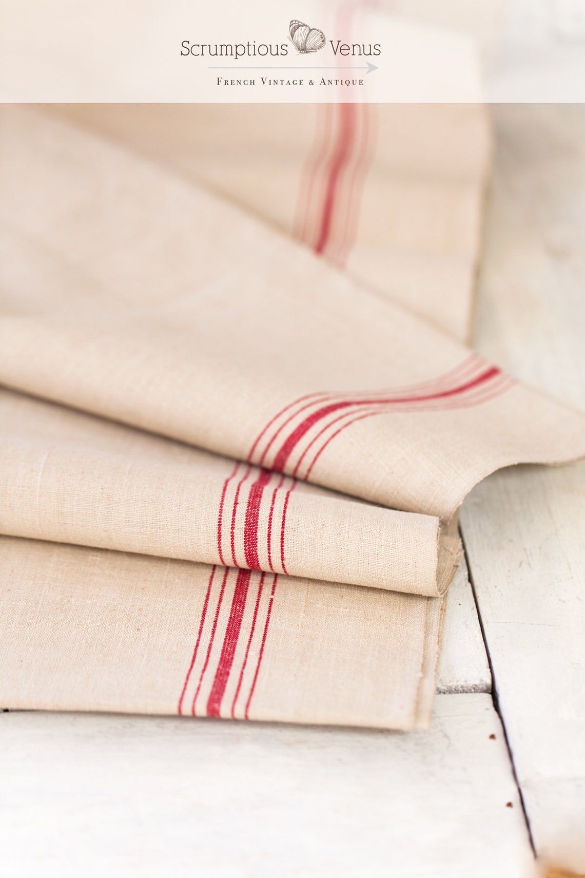 Vintage French Tea Towel / Canvas Fabric with Red Stripes | Etsy