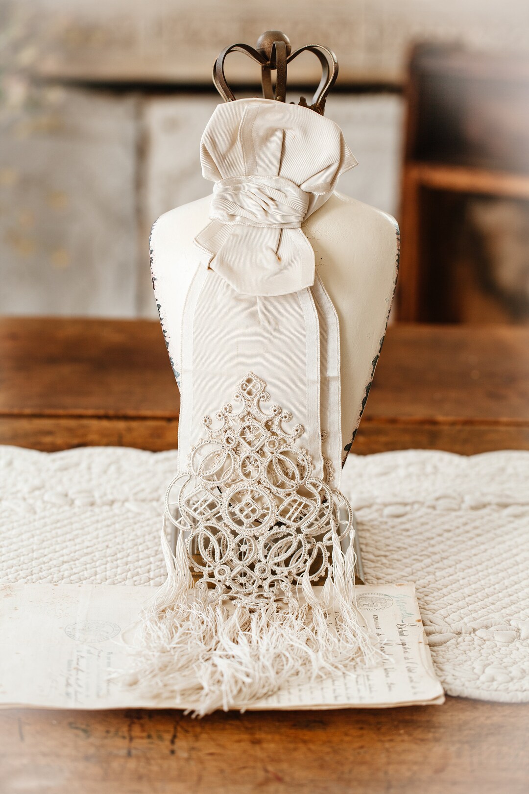 Early 1900s French Silk Bow or Communion Sash With Lace and Fringes ...