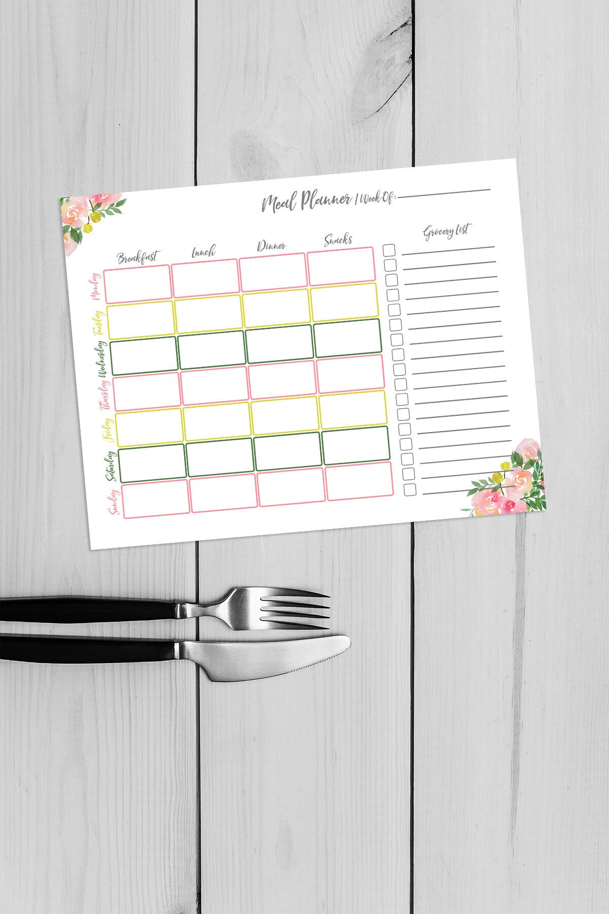 Weekly Meal Planner Printable Grocery List Planner Watercolor Flower ...