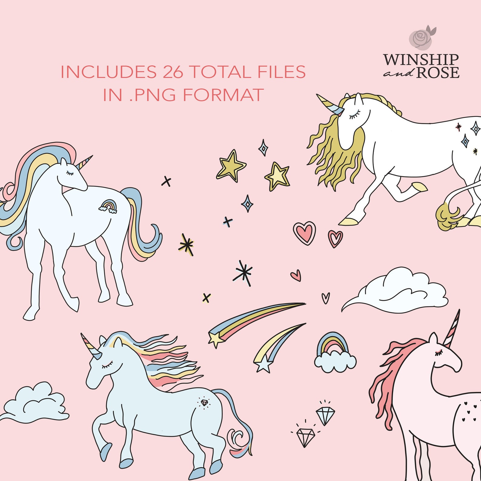 Unicorns Clip Art Set Hand-drawn Rainbow Unicorn Illustrations, Kids ...