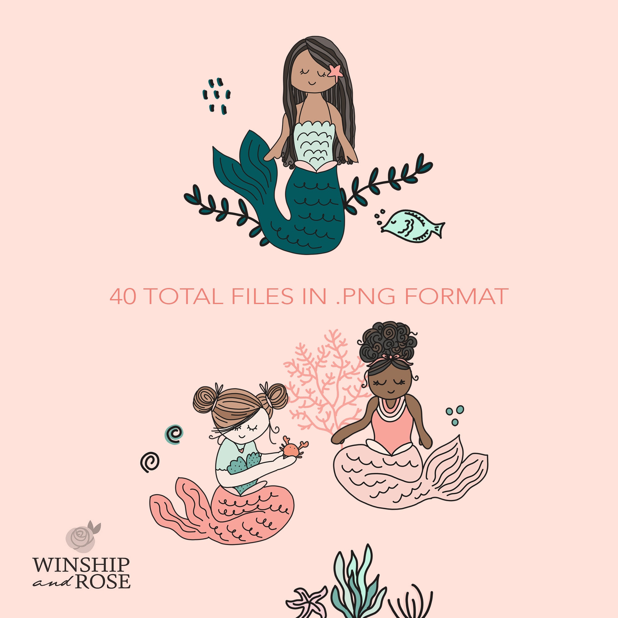 Mermaids Clip Art Set - Hand-drawn Ocean Illustrations, Kids Mermaid ...