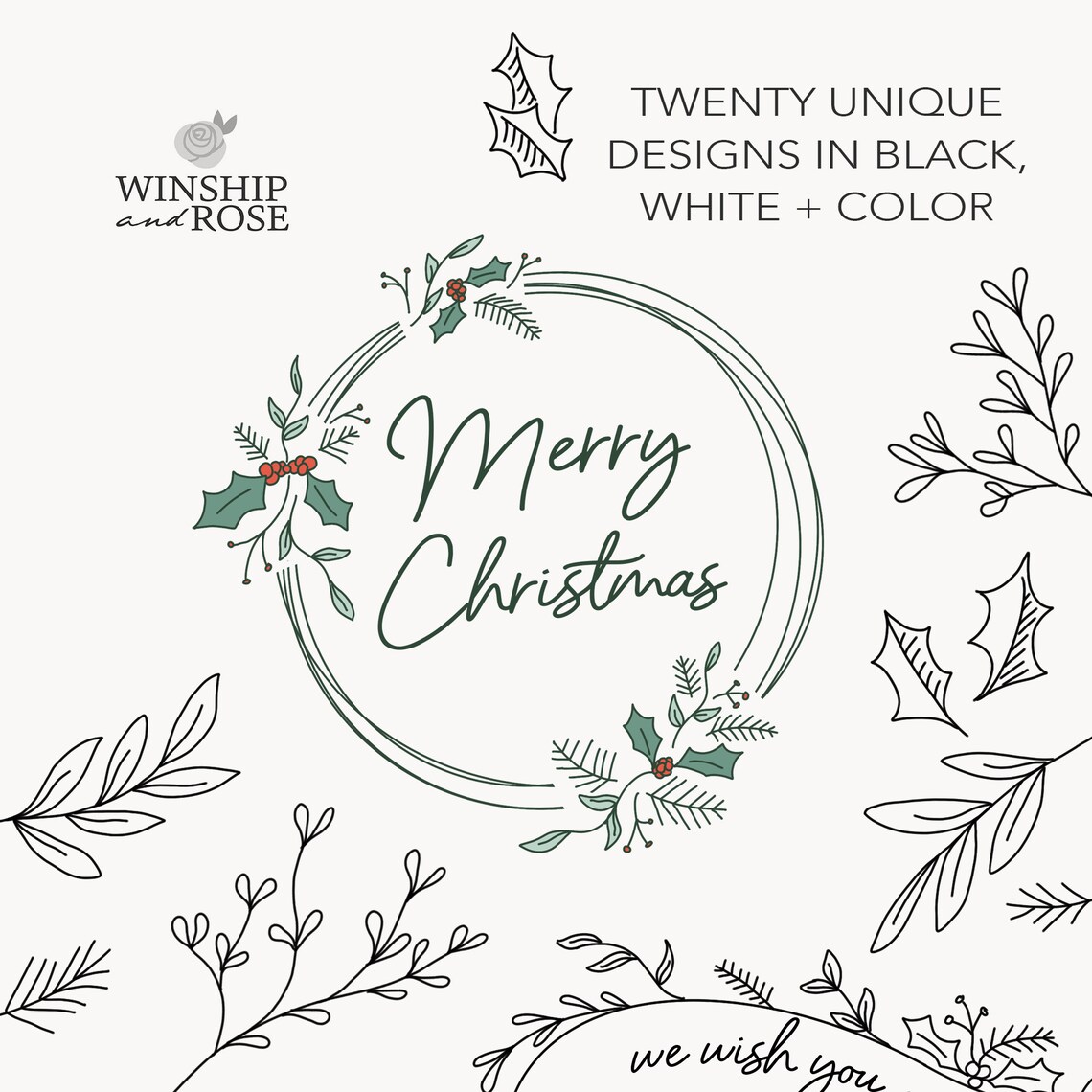 Christmas Florals Clip Art - Hand Drawn Doodle Graphics - 60 Holiday ...