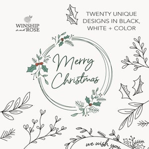 Christmas Florals Clip Art - Hand Drawn Doodle Graphics - 60 Holiday ...