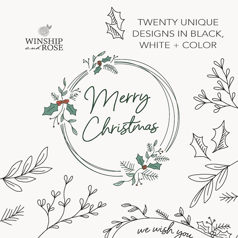 Christmas Florals Clip Art - Hand Drawn Doodle Graphics - 60 Holiday ...