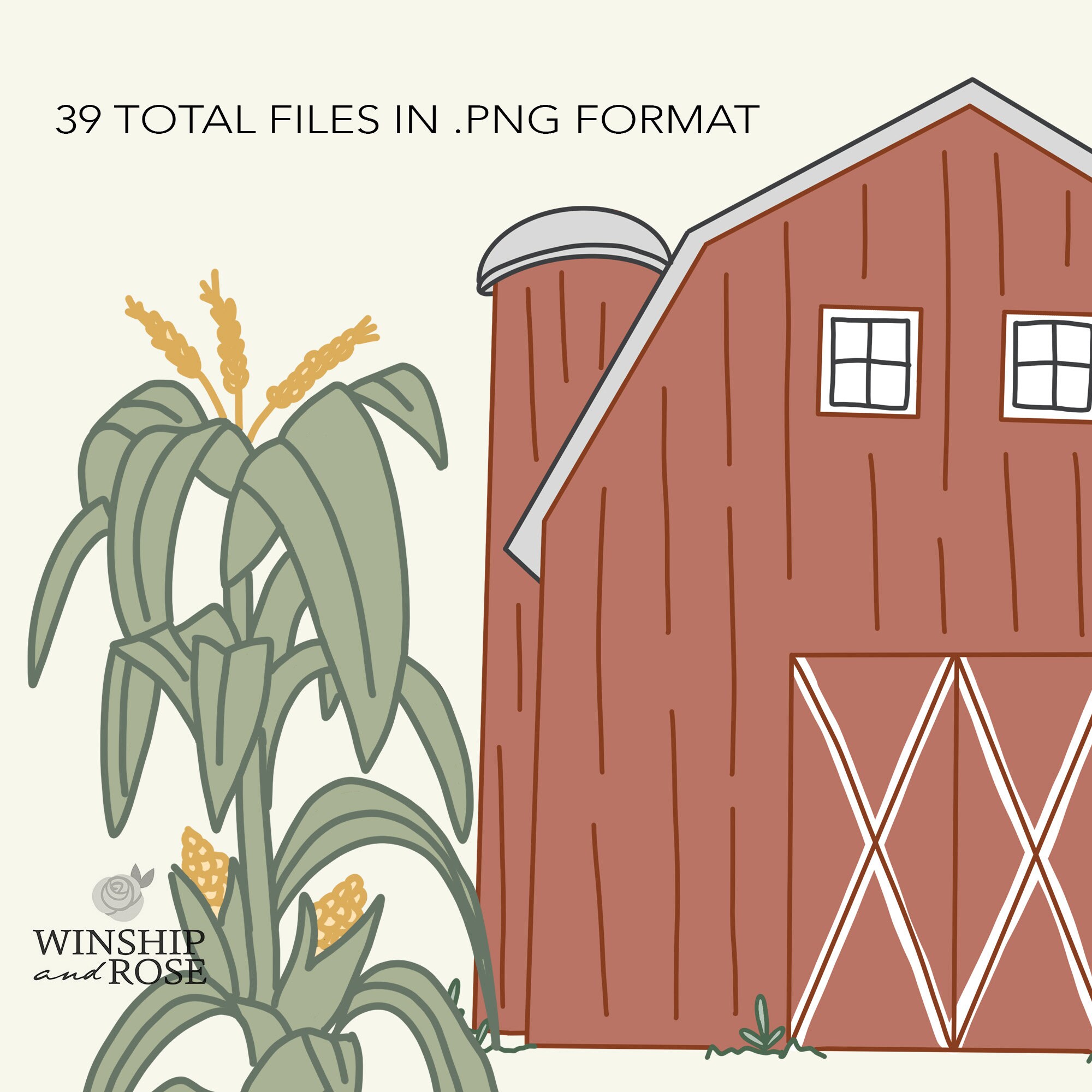 Farm Clip Art Set - Hand-drawn Farm Animals Designs, Barn, Crops ...
