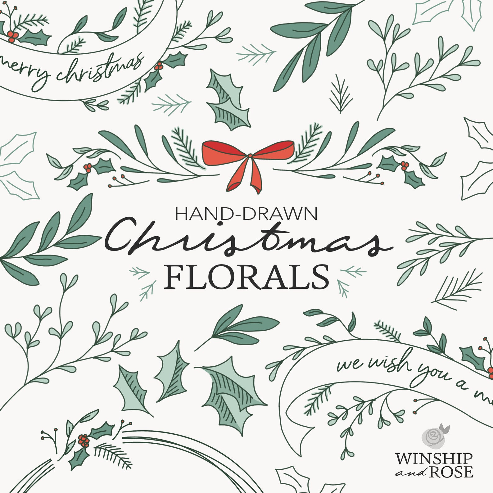Christmas Florals Clip Art - Hand Drawn Doodle Graphics - 60 Holiday ...