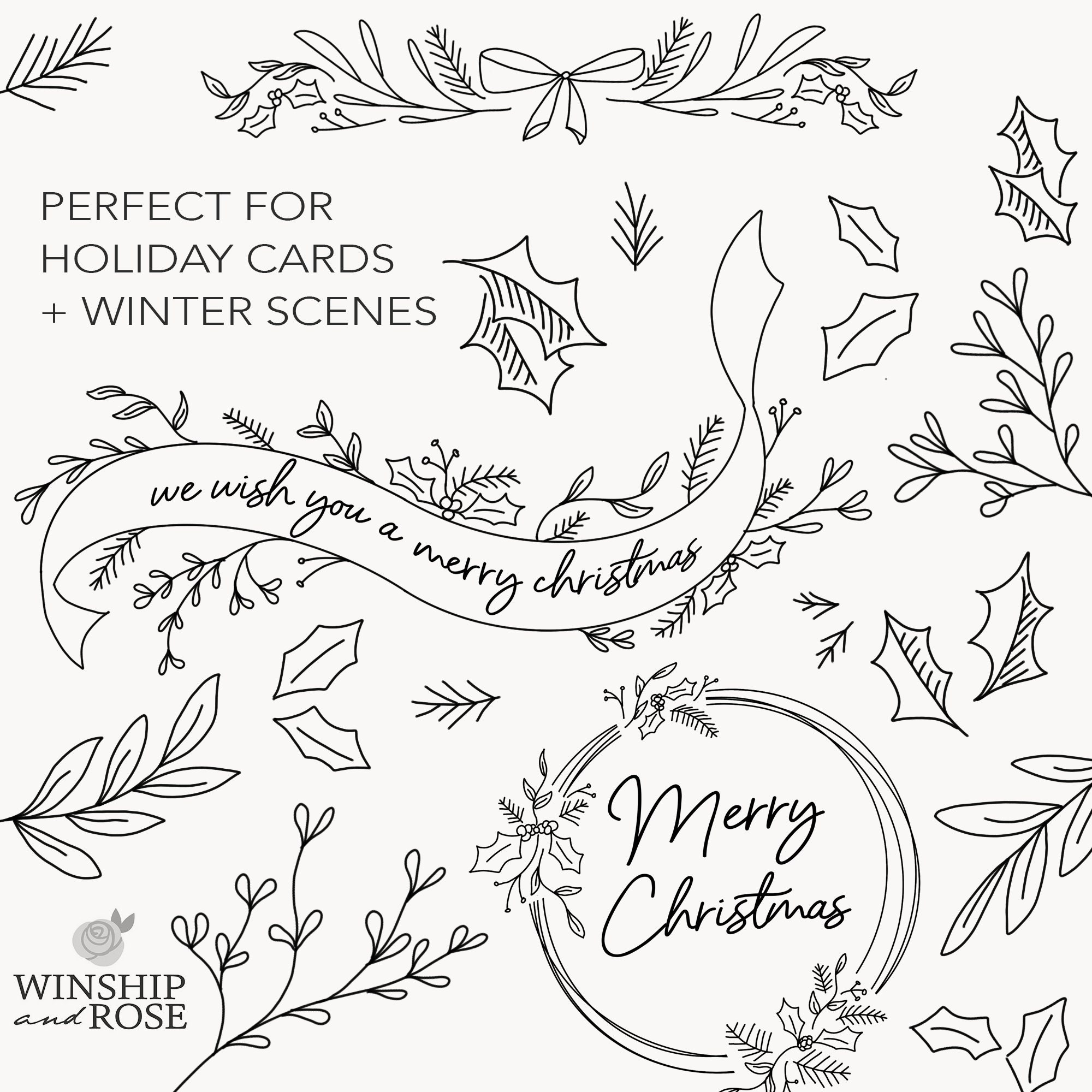 Christmas Florals Clip Art - Hand Drawn Doodle Graphics - 60 Holiday ...