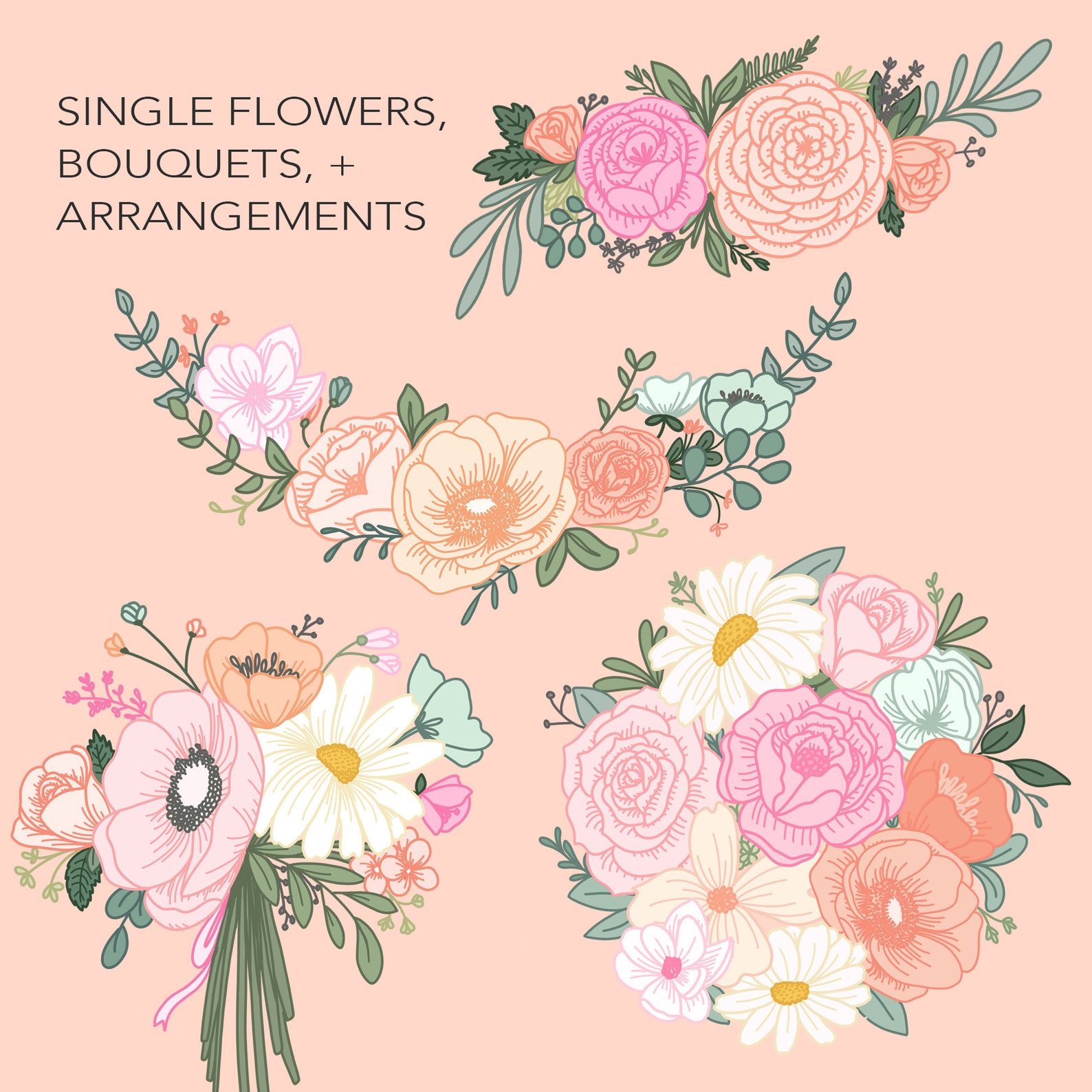 Spring Florals Clip Art Hand Drawn Flower Clip Art Spring - Etsy