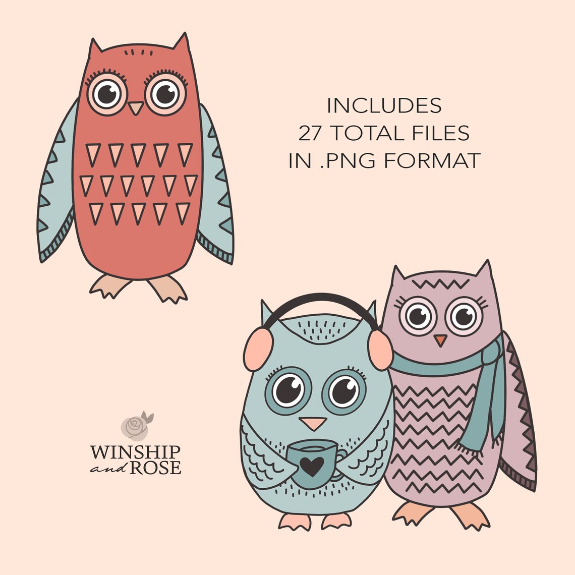 Cute Owls Clip Art - Hand Drawn Owl Doodles, Winter Owls Clip Art, Fall ...