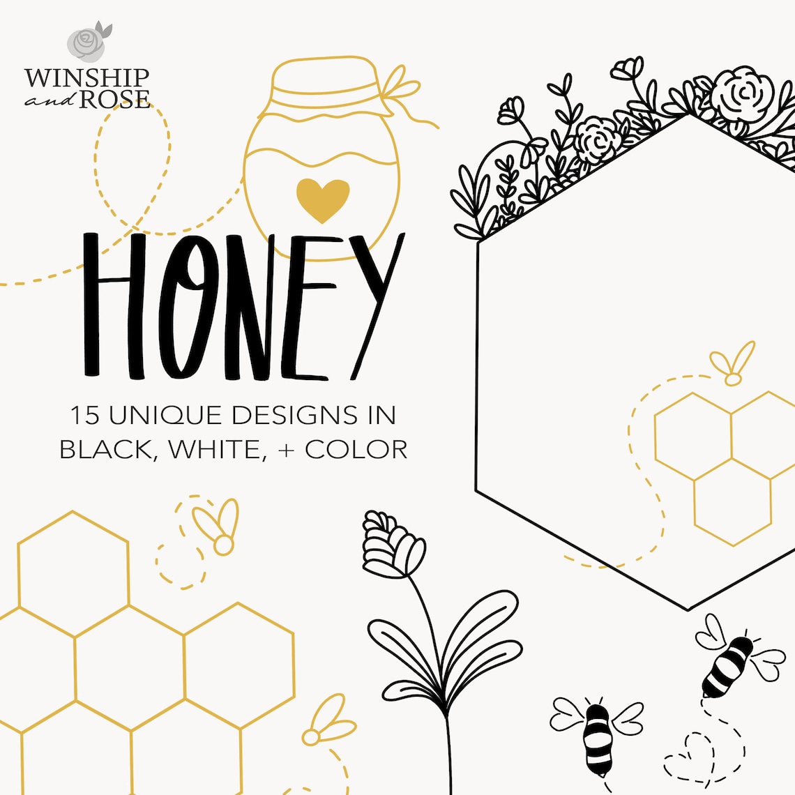 Bees and Honey Clip Art - Hand Drawn Bee Graphics - 45 Honey Bee ...