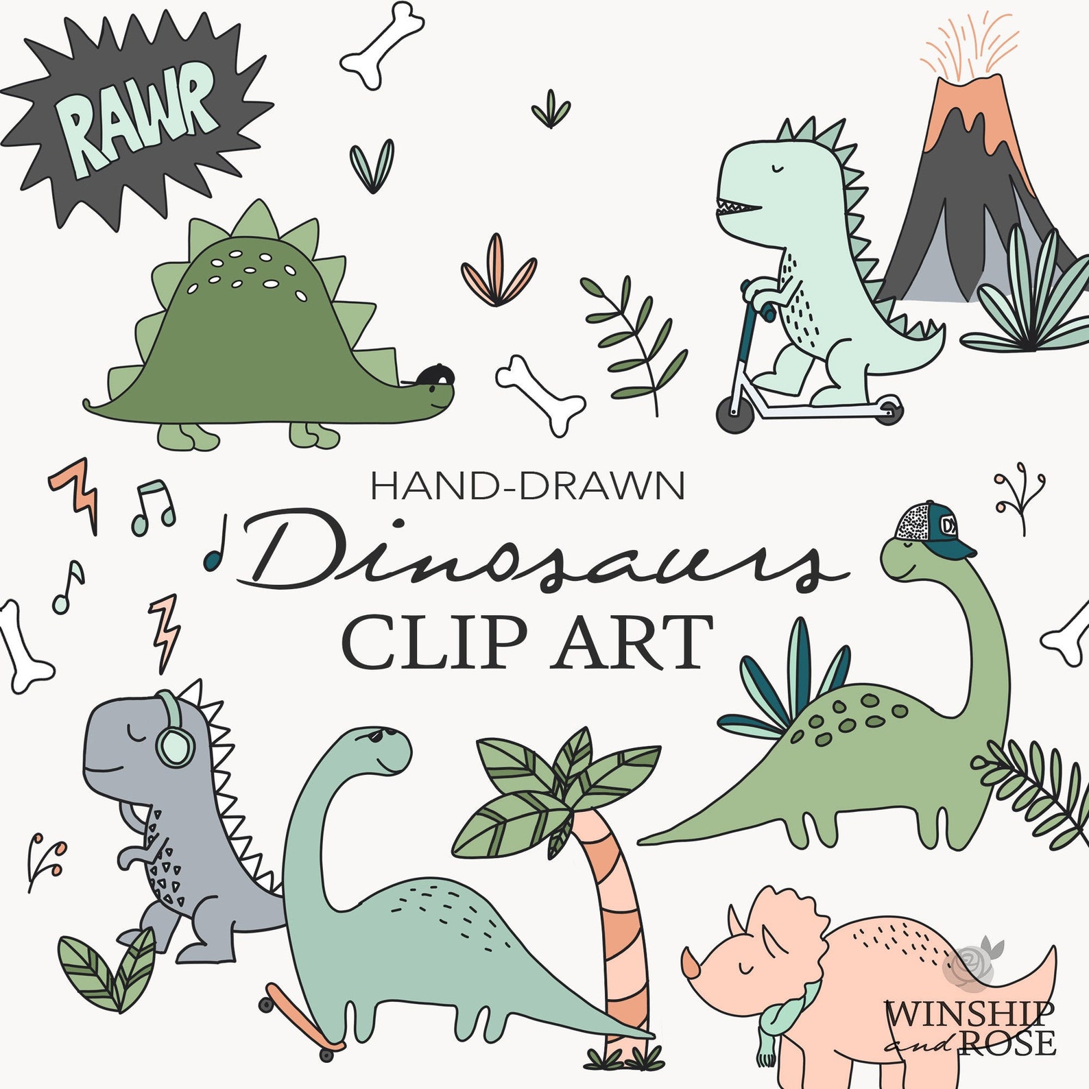 Dinosaurs Clip Art Set - Hand-drawn Dino Illustrations, Dinosaur Design ...
