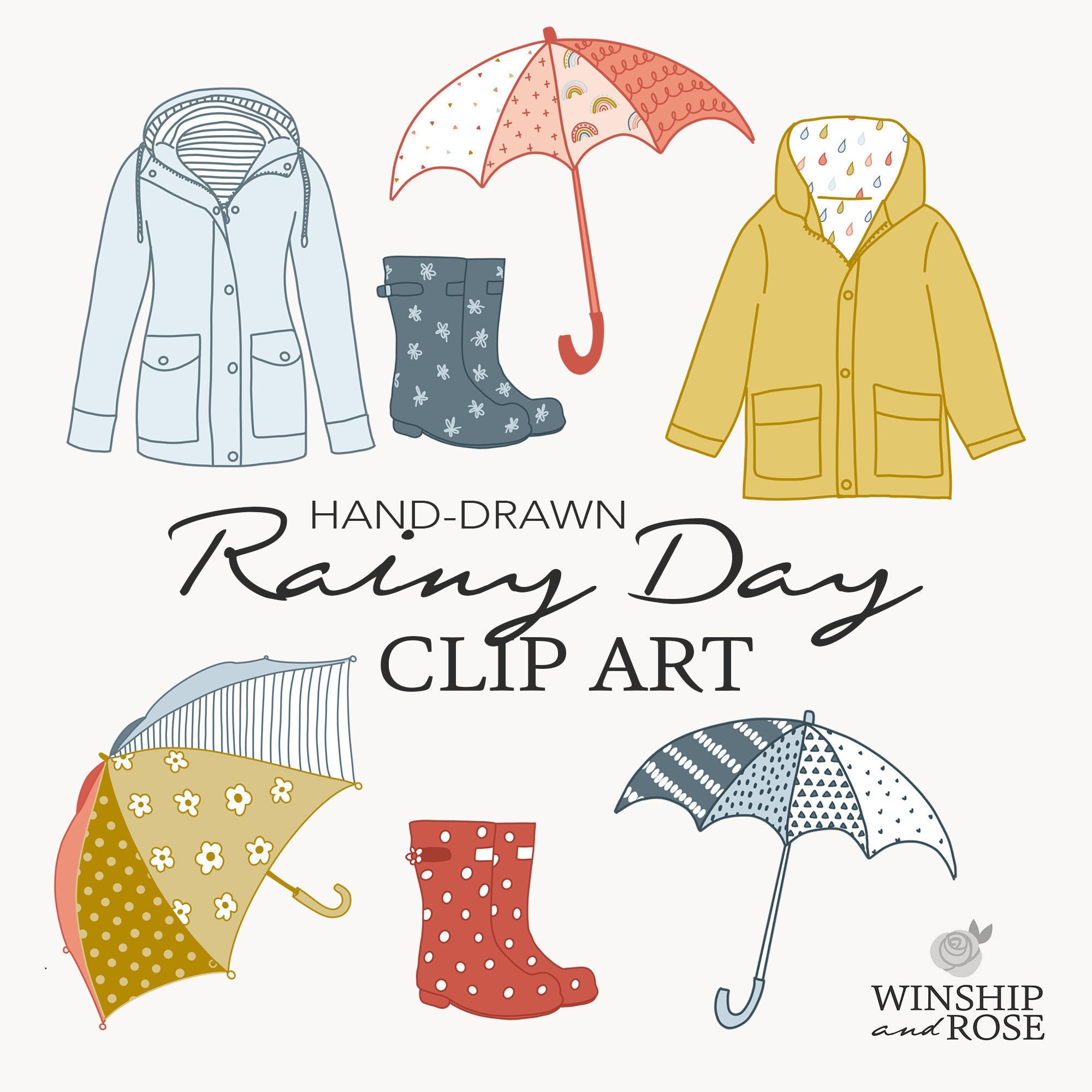 Rainy Day Clip Art - Hand Drawn Rainy Day Graphics - Umbrellas ...