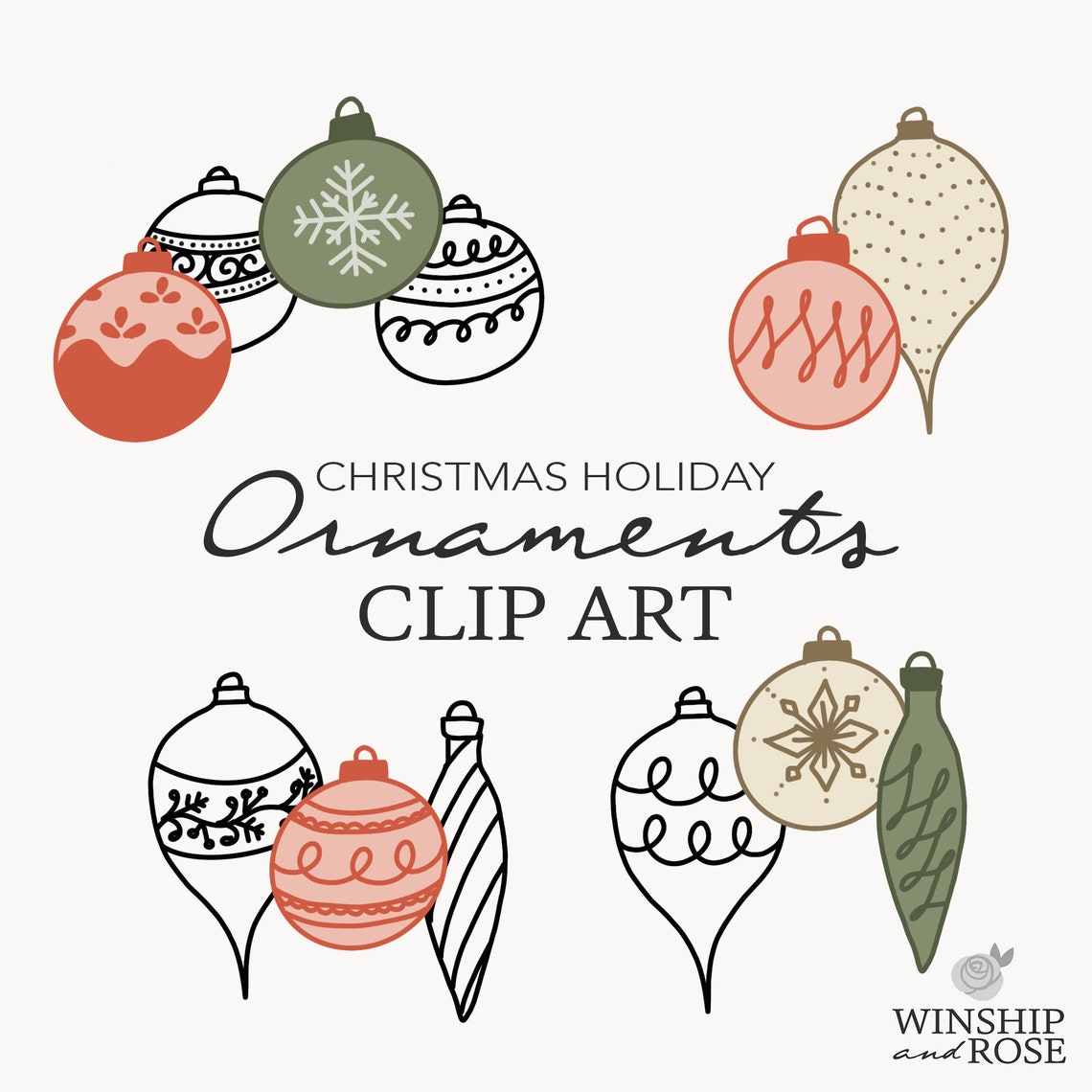 Christmas Ornaments Clip Art - Hand Drawn Doodle Graphics - 60 Holiday ...
