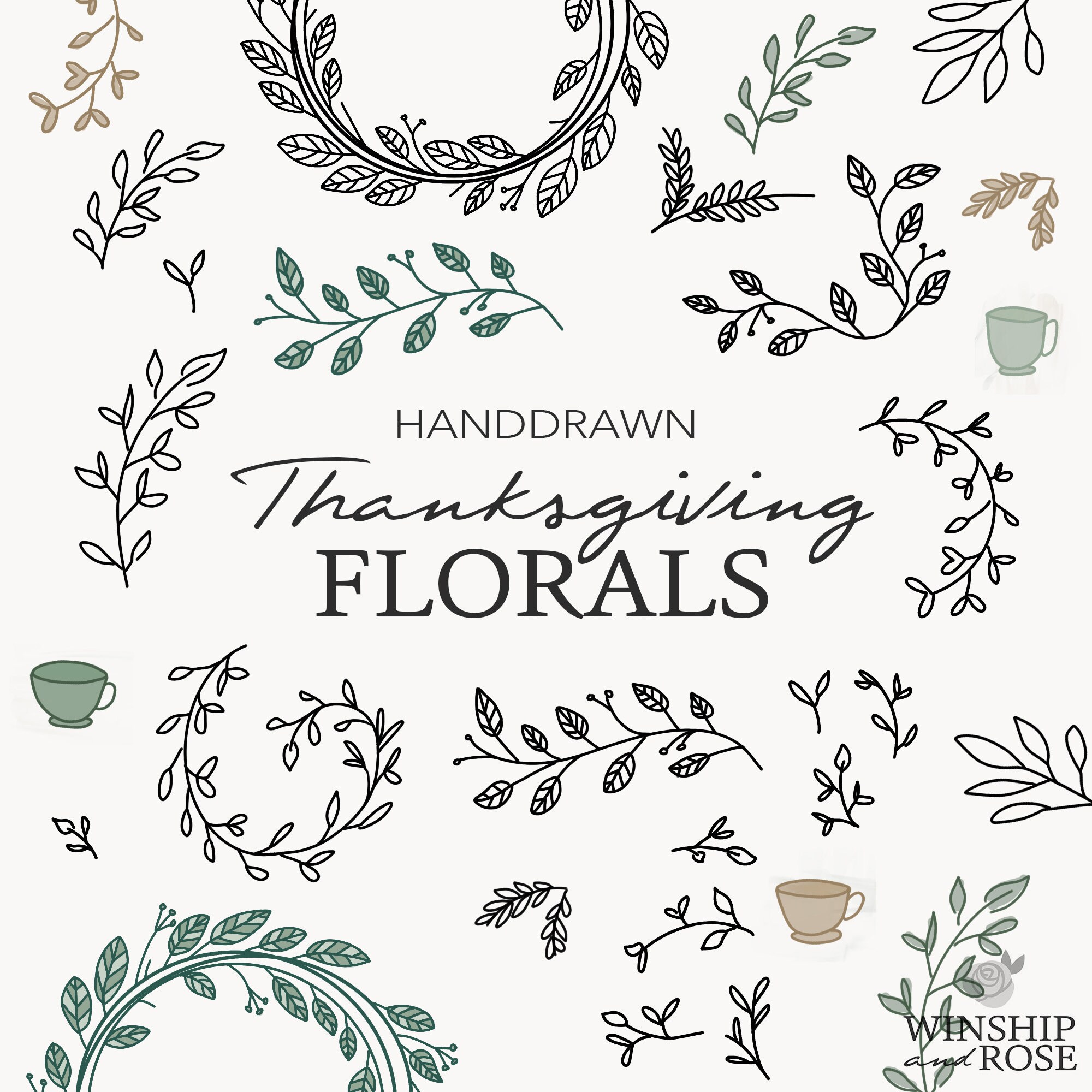 Thanksgiving Florals Clip Art - Hand Drawn Doodle Graphics - 51 Fall ...