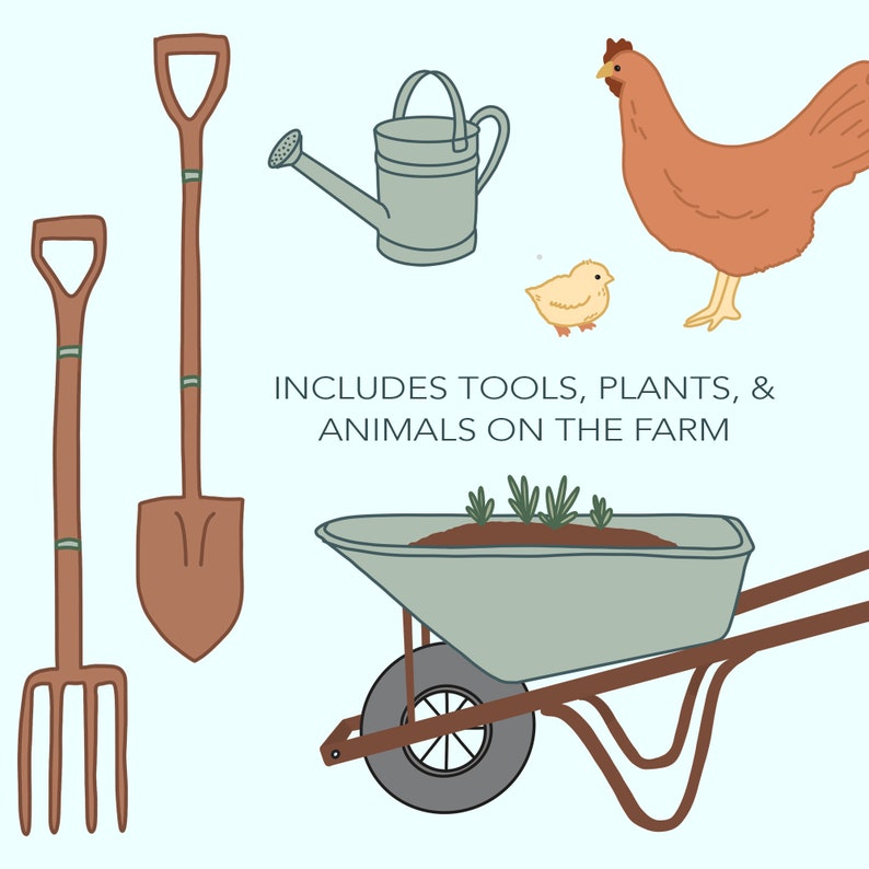 Farm Clip Art Set - Hand-drawn Farm Animals Designs, Barn, Crops ...