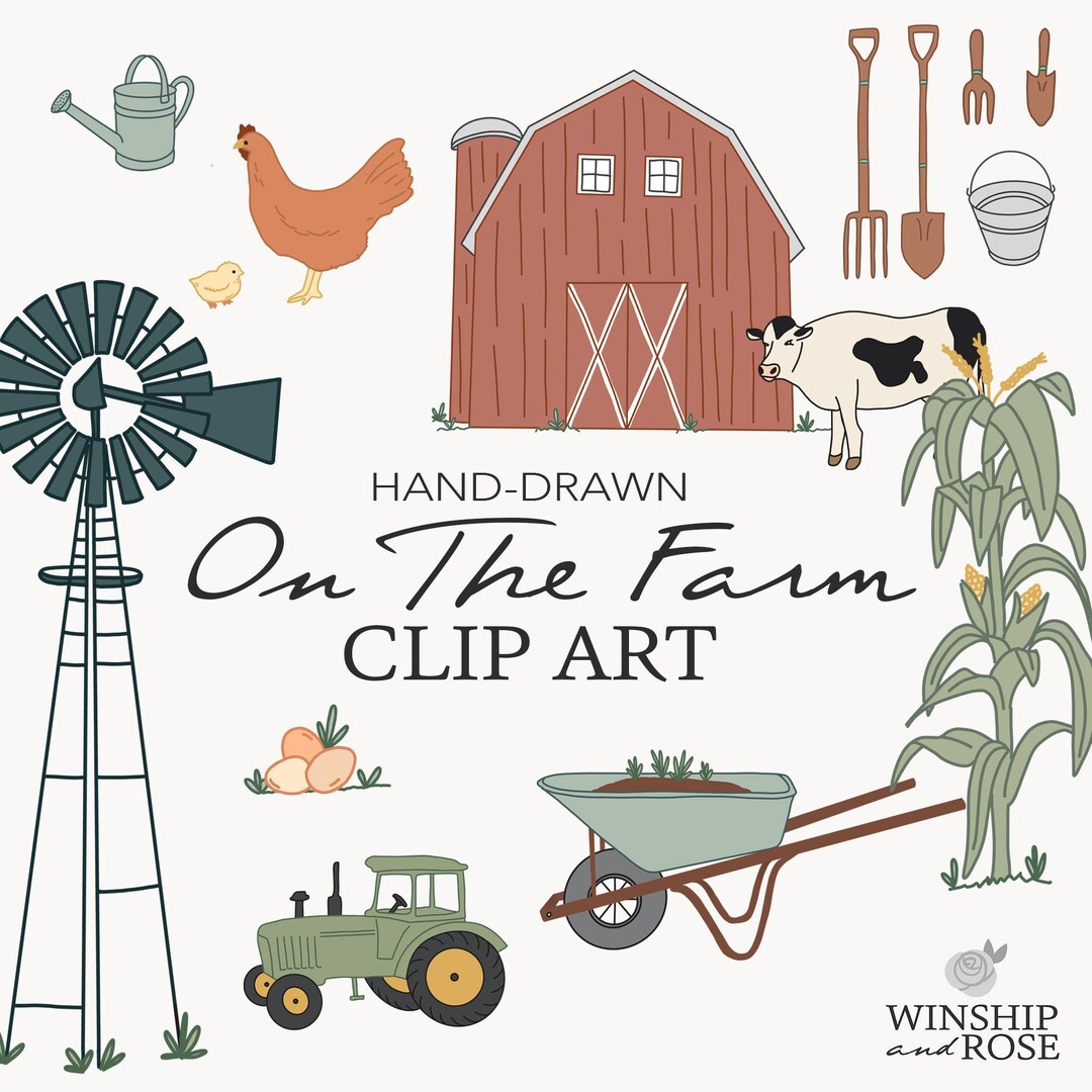 Farm Clip Art Set - Hand-drawn Farm Animals Designs, Barn, Crops ...
