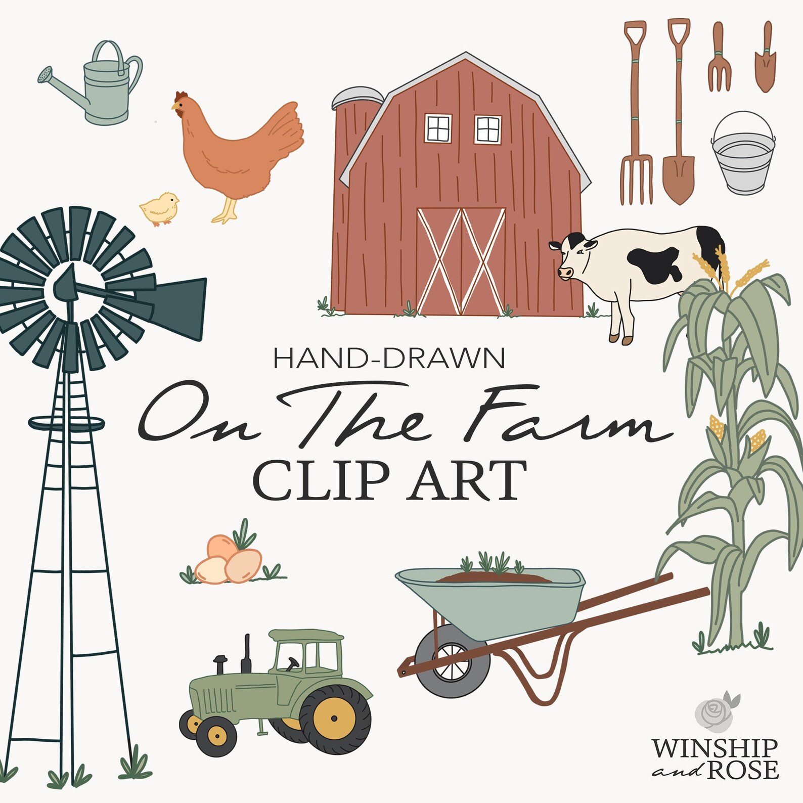 Farm Clip Art Set - Hand-drawn Farm Animals Designs, Barn, Crops ...
