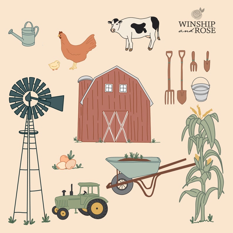 Farm Clip Art Set - Hand-drawn Farm Animals Designs, Barn, Crops ...