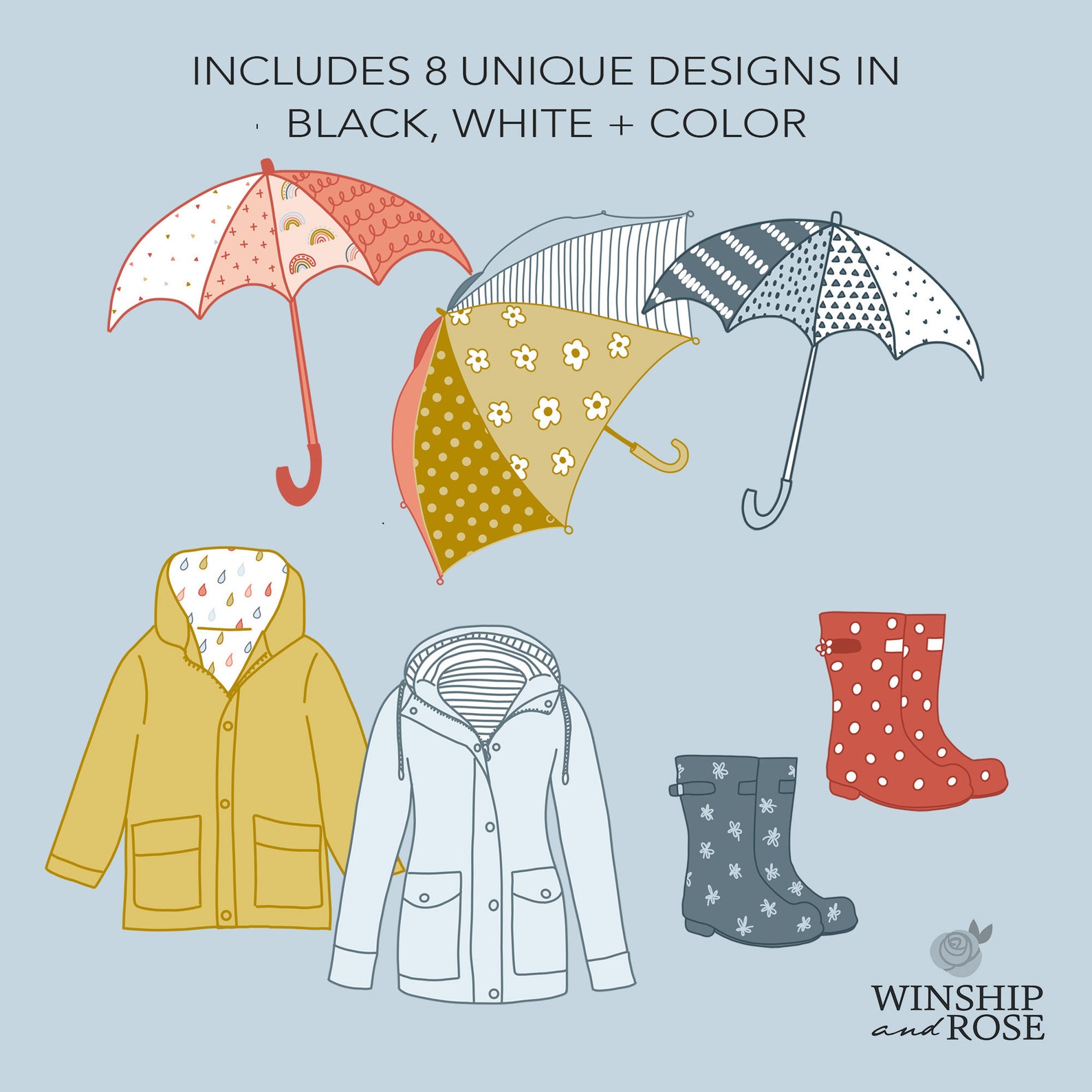 Rainy Day Clip Art - Hand Drawn Rainy Day Graphics - Umbrellas ...