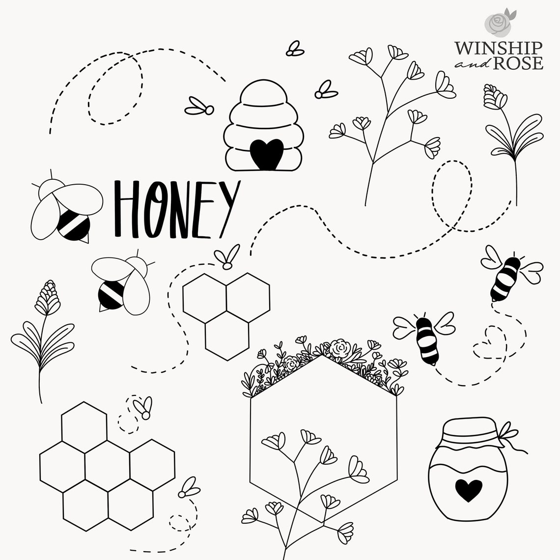 Bees and Honey Clip Art - Hand Drawn Bee Graphics - 45 Honey Bee ...