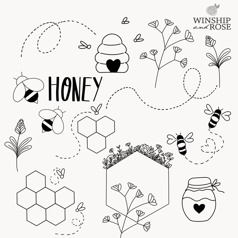 Bees and Honey Clip Art - Hand Drawn Bee Graphics - 45 Honey Bee ...