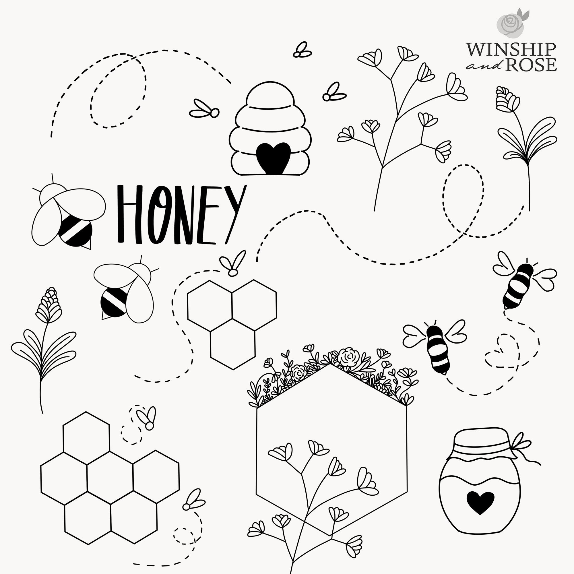 Bees and Honey Clip Art - Hand Drawn Bee Graphics - 45 Honey Bee ...