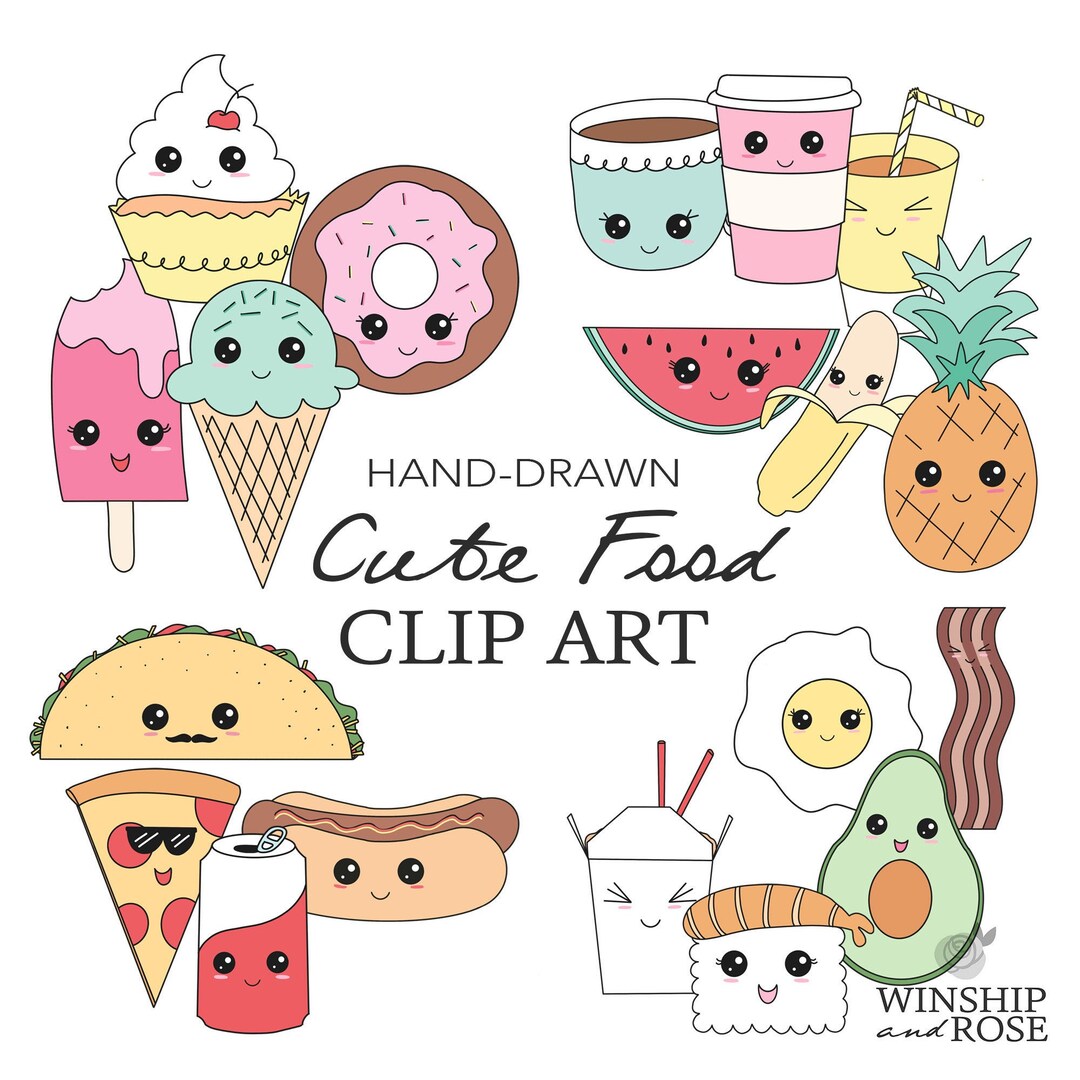 Cute Food Clip Art Set - Hand-drawn Food Illustrations in Kawaii Style ...