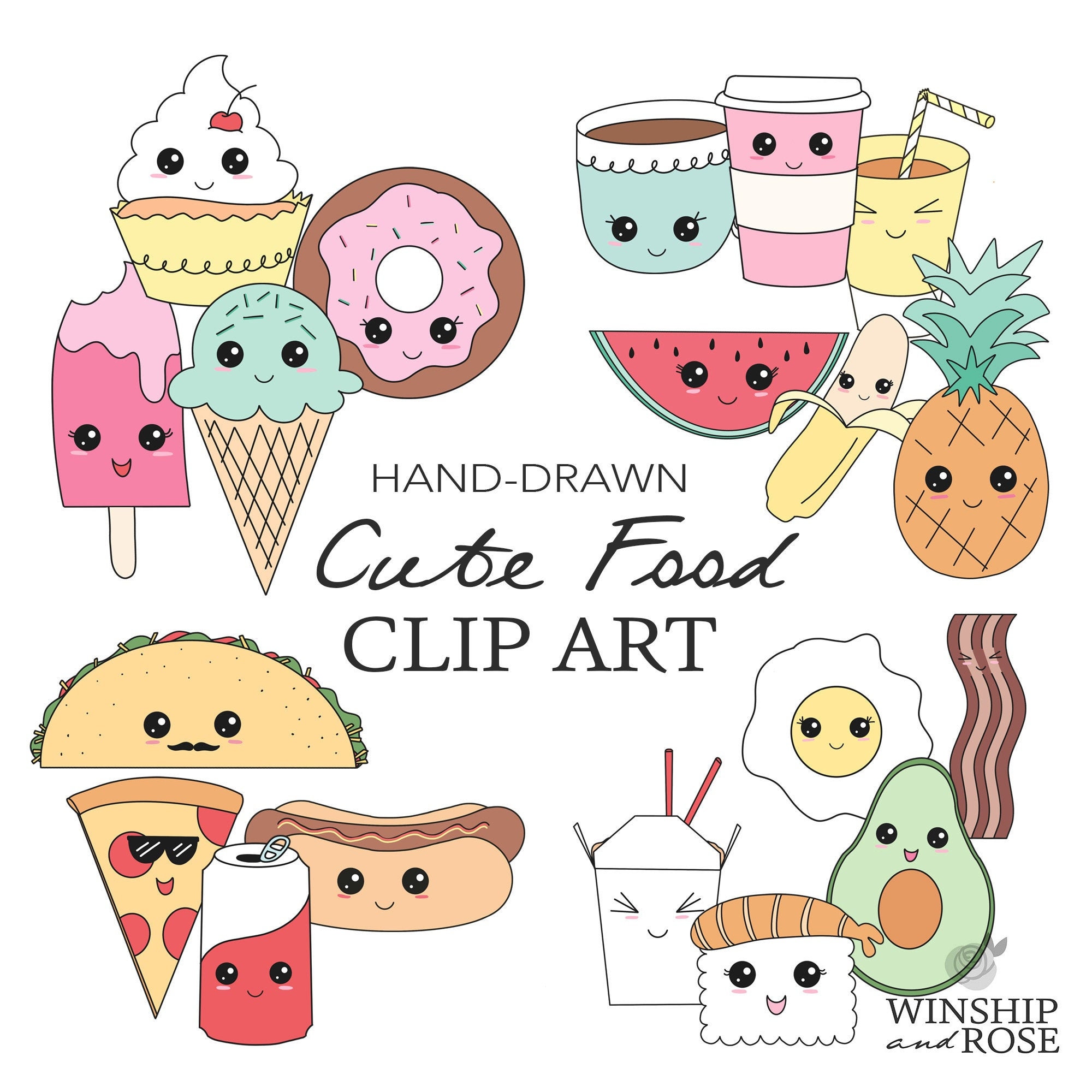 Cute Food Clip Art Set Hand-drawn Food Illustrations in Kawaii Style ...